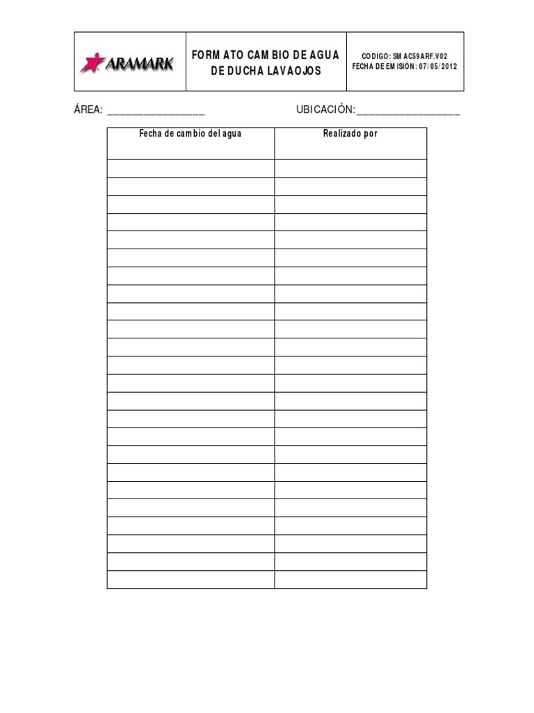 Smac59arf.v02 Formato de Cambio de Agua Ducha Lavaojos | PDF Smac59arf.v02 Formato de Cambio de Agua Ducha Lavaojos | PDF
