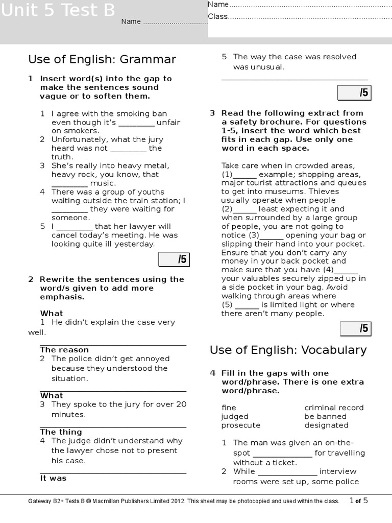 Gateway B2 Test Unit 5 B PDF | PDF | Witness | Violence