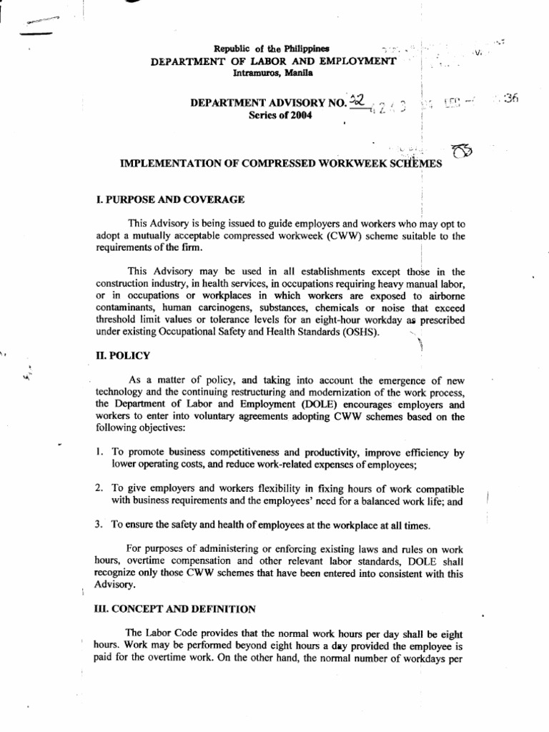 DOLE Advisory No. 02-04 - Compressed Work Week | PDF | Working Time ...
