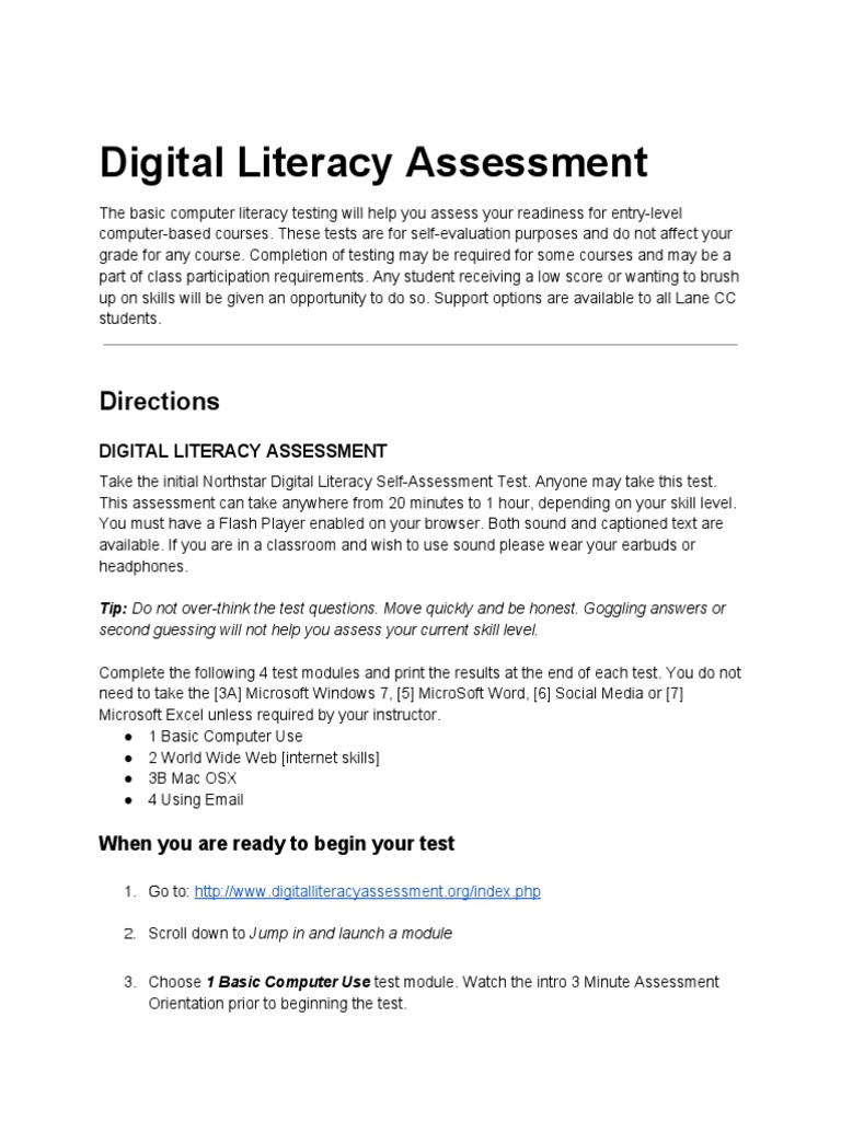 Digital Literacy Assessment: Directions | PDF | Literacy | Learning