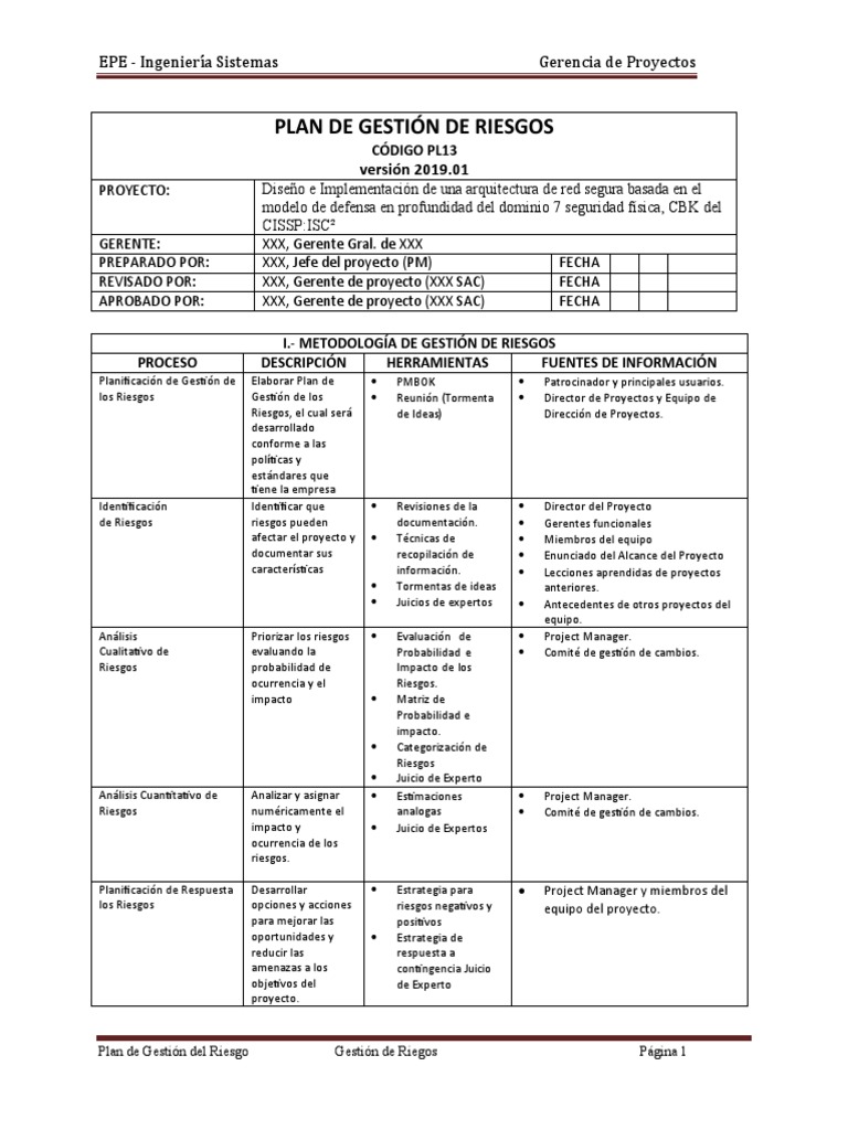 PL 13 Plan Gestion de Riesgos | PDF | Riesgo | Planificación