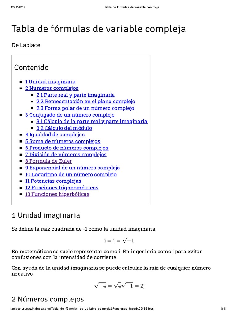 Tabla de Fórmulas de Variable Compleja | PDF | Número complejo | Funcion exponencial