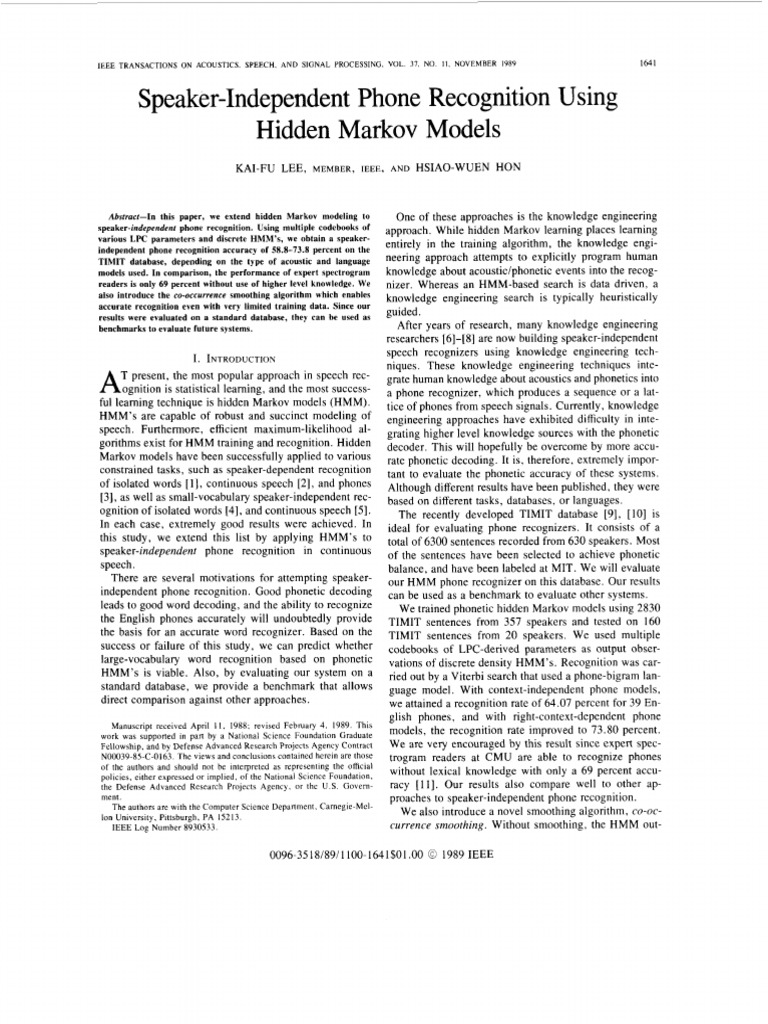 Speaker-Independent Phone Recognition Using Hidden Markov Models PDF | PDF | Speech Recognition ...