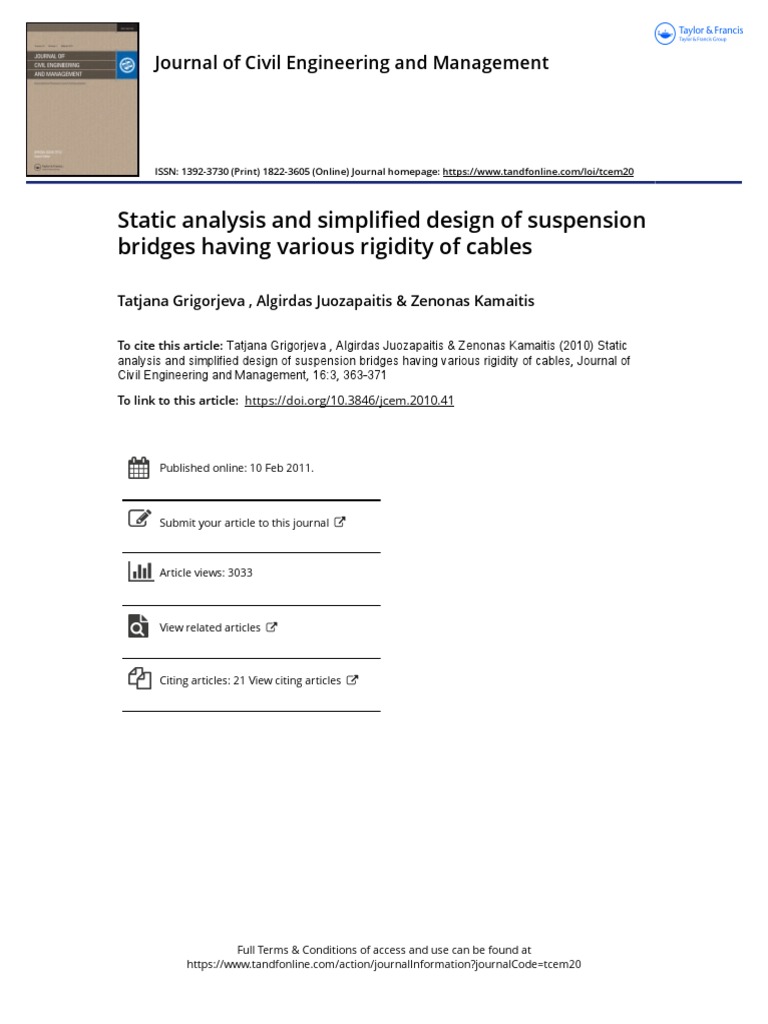 Static Analysis and Simplified Design of Suspension Bridges Having ...
