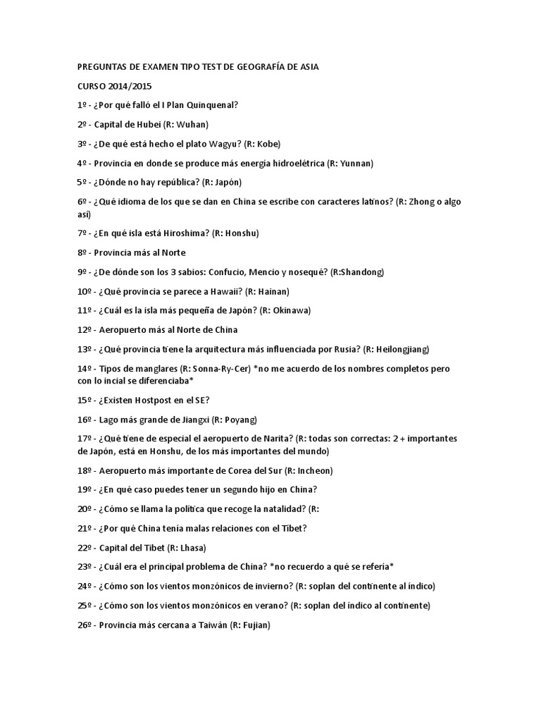 Preguntas de Examen Tipo Test de Geografía de Asia | PDF | Tíbet | Monzón