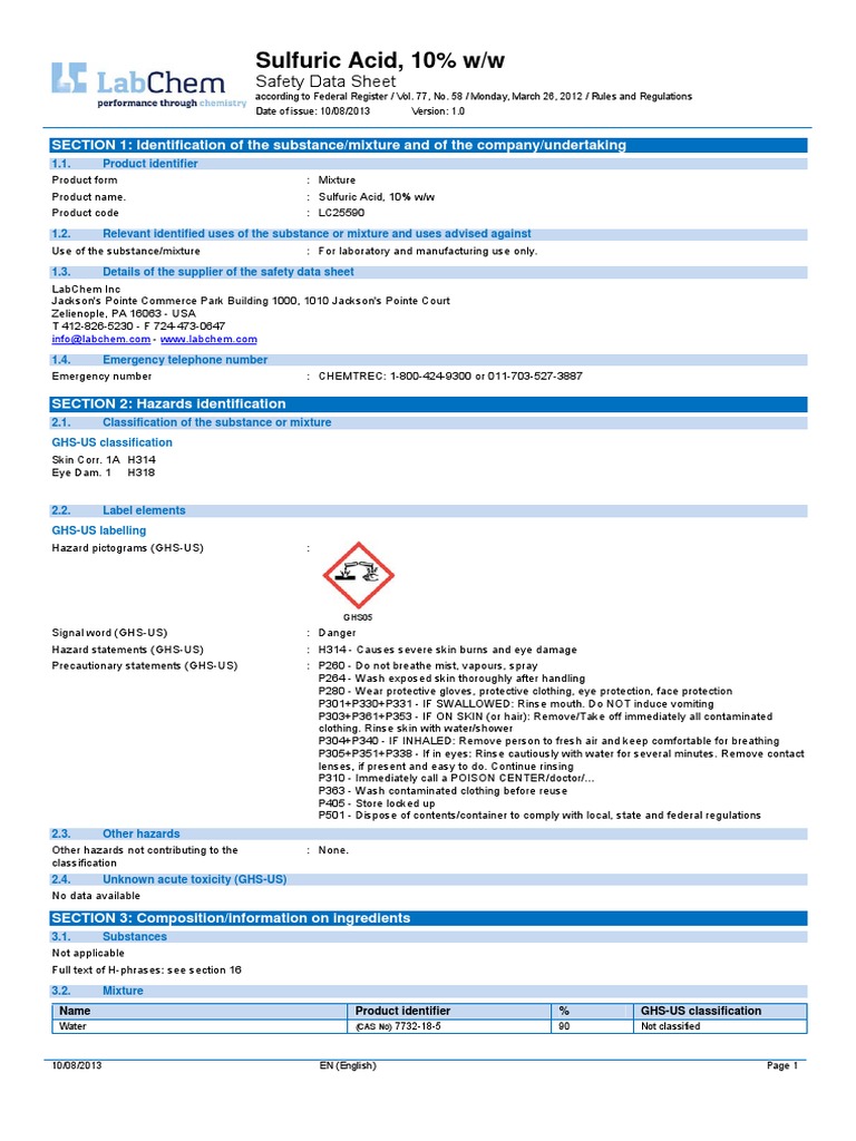 Lab Safety: Sulfuric Acid Guide | PDF | Firefighting | Toxicity