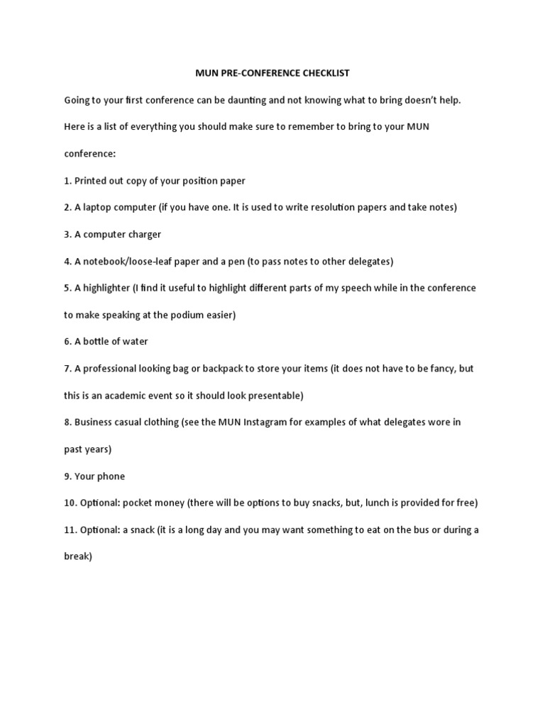 Mun Pre-Conference Checklist | PDF | Career & Growth
