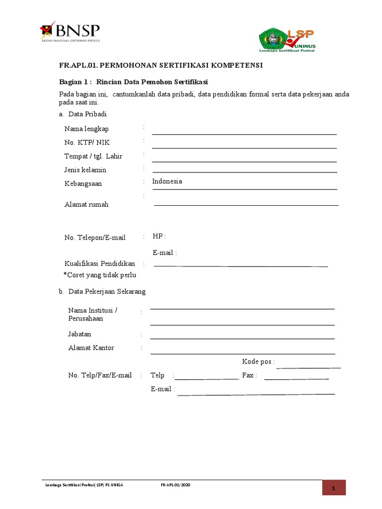 FR APL.01 Form Aplikasi Pendaftaran-2020 | PDF