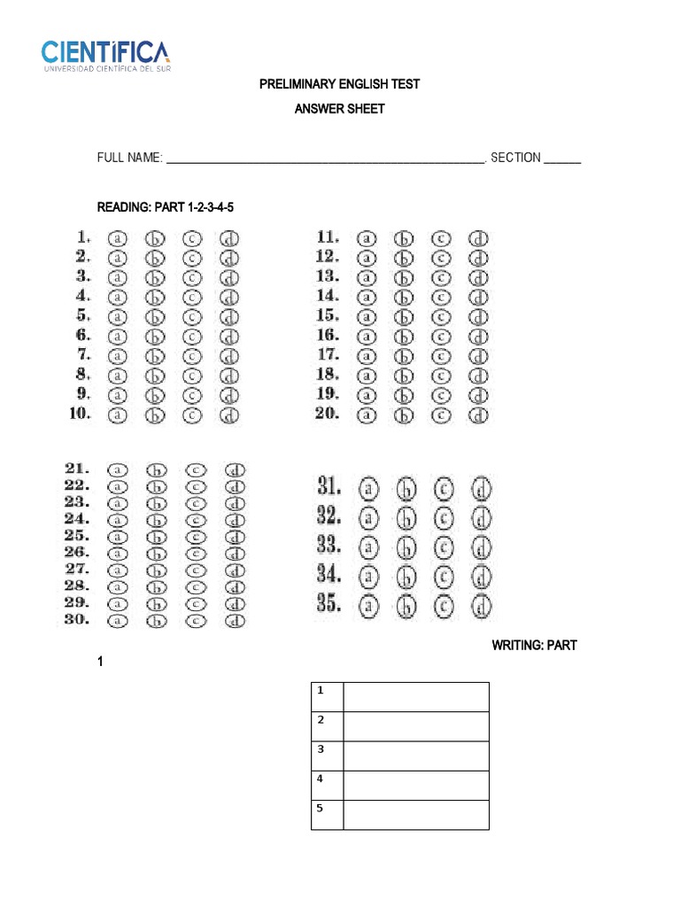 Preliminary Test Answer Sheet 2020 | PDF