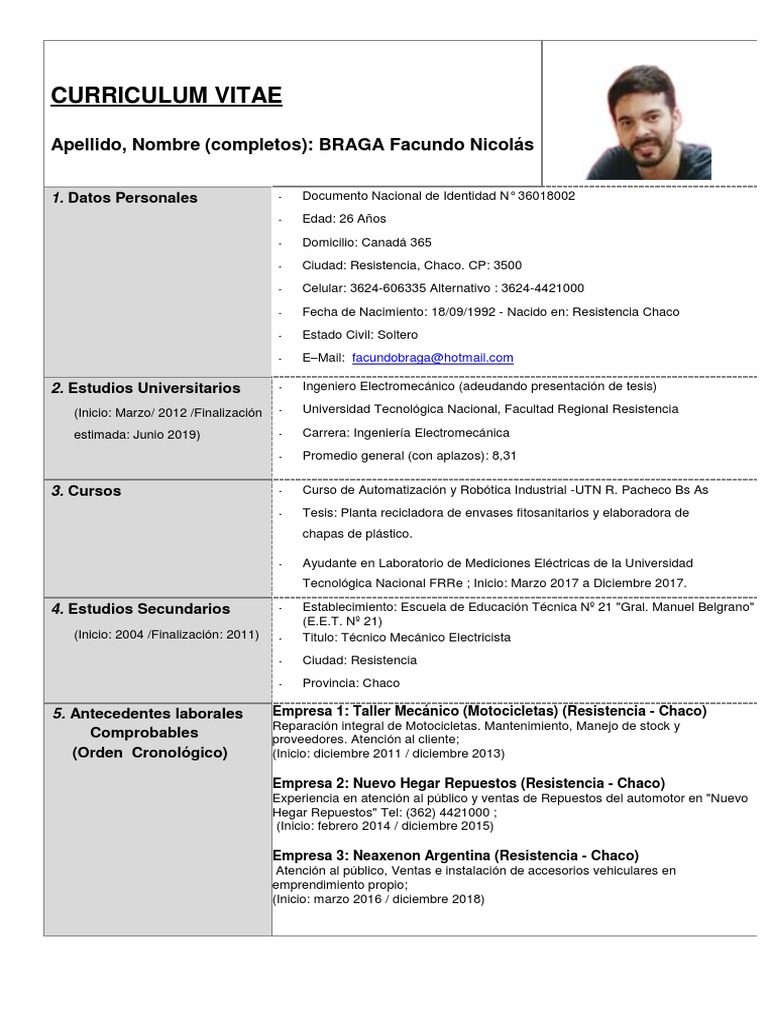 CV - Braga, Facundo PDF | PDF | Fabricación e ingeniería | Science