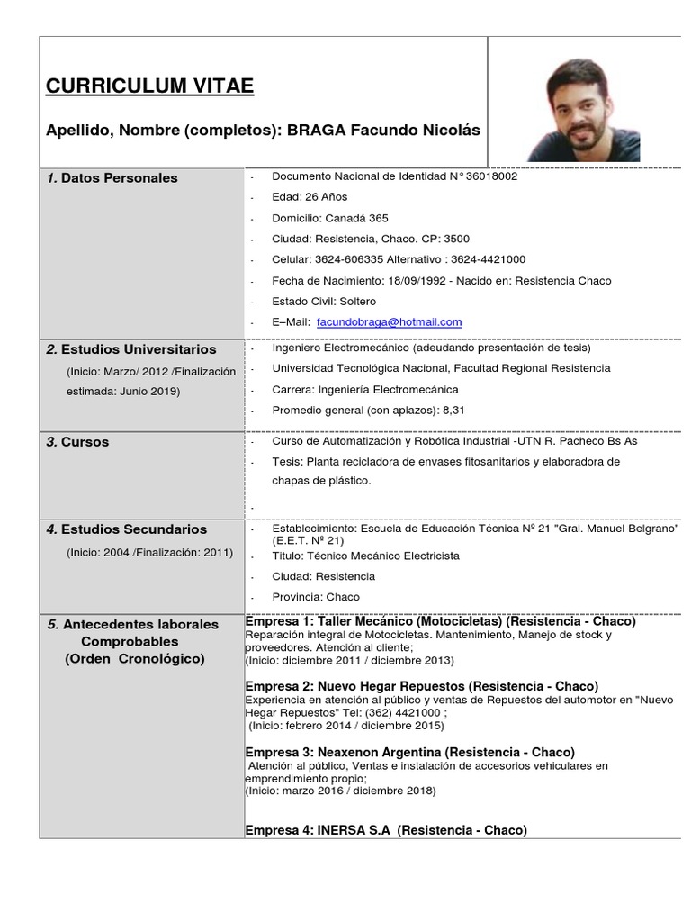 CV - Braga, Facundo Utn PDF | PDF | Fabricación e ingeniería | Science