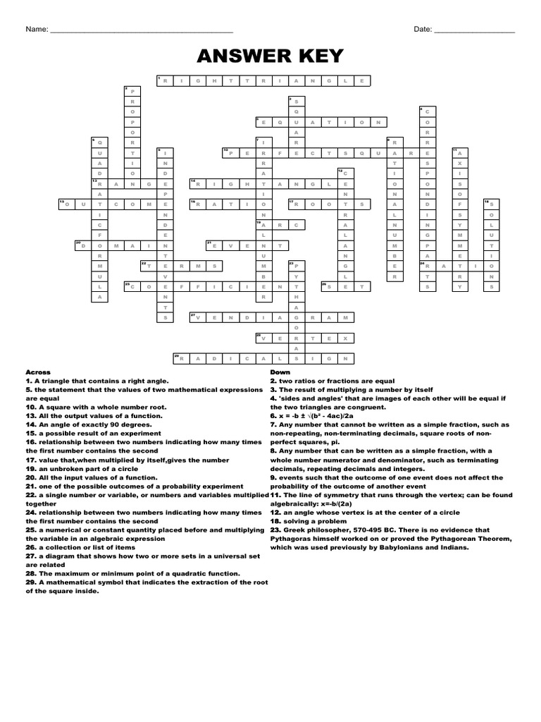 Answer Key: Name: - Date | PDF | Numbers | Variable (Mathematics)