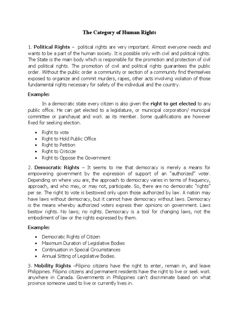 An Overview of the Principal Categories and Examples of Human Rights ...