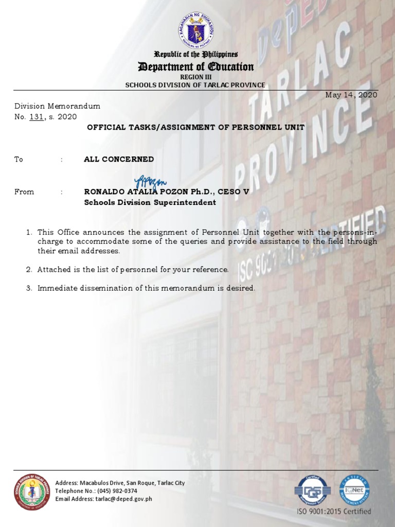 Department of Education: Official Tasks/Assignment of Personnel Unit ...