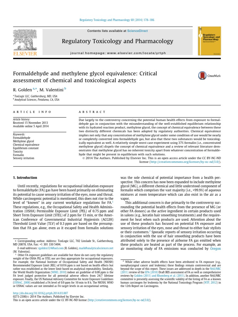 Methylene Glycol: Toxicity and Equivalence | PDF | Formaldehyde ...