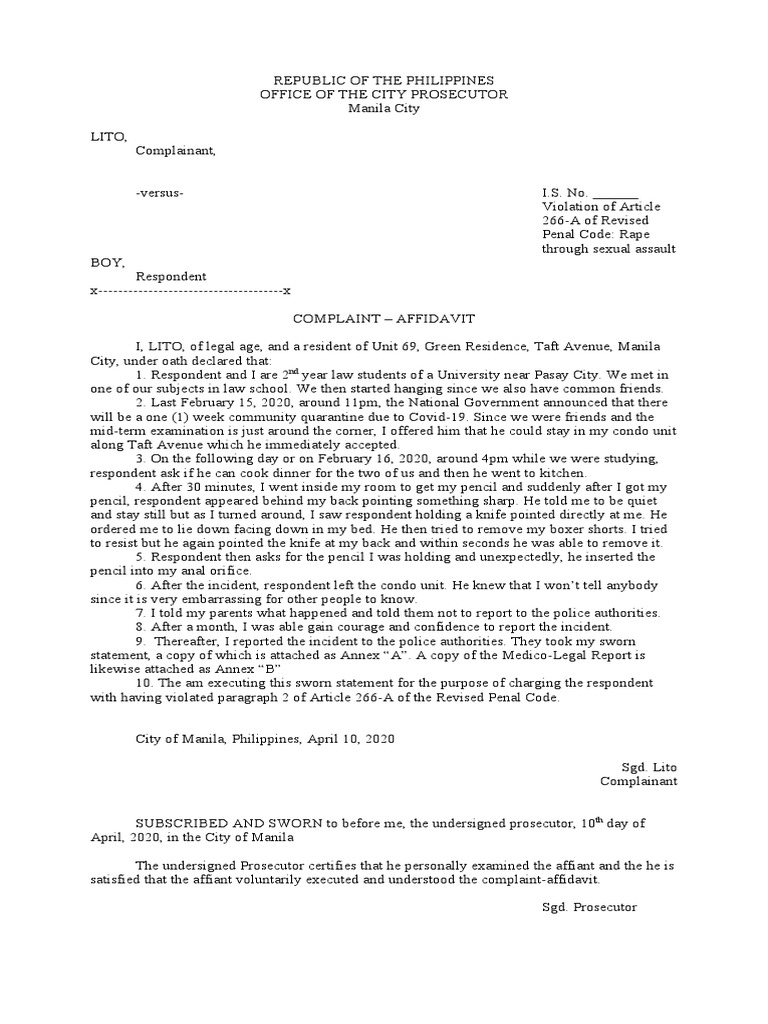Sample Complaint Affidavit | PDF | Misconduct | Crime & Violence