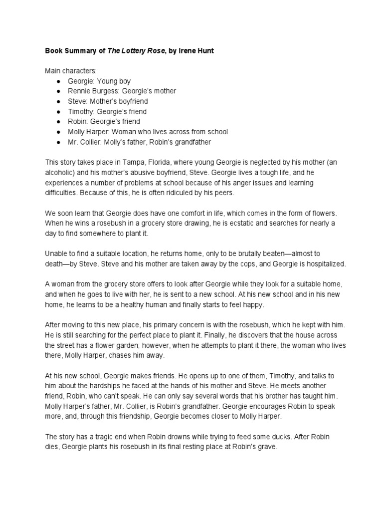 Book Summary of The Lottery Rose, by Irene Hunt | PDF