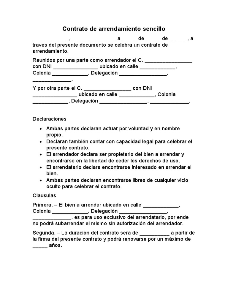 Formato De Contrato De Arrendamiento Gratis