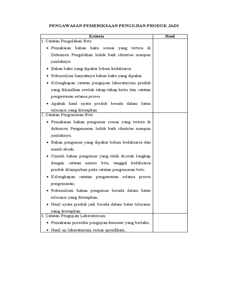 Checklist Harian Pengawasan Pemeriksaan Pengujian Produk Jadi | PDF