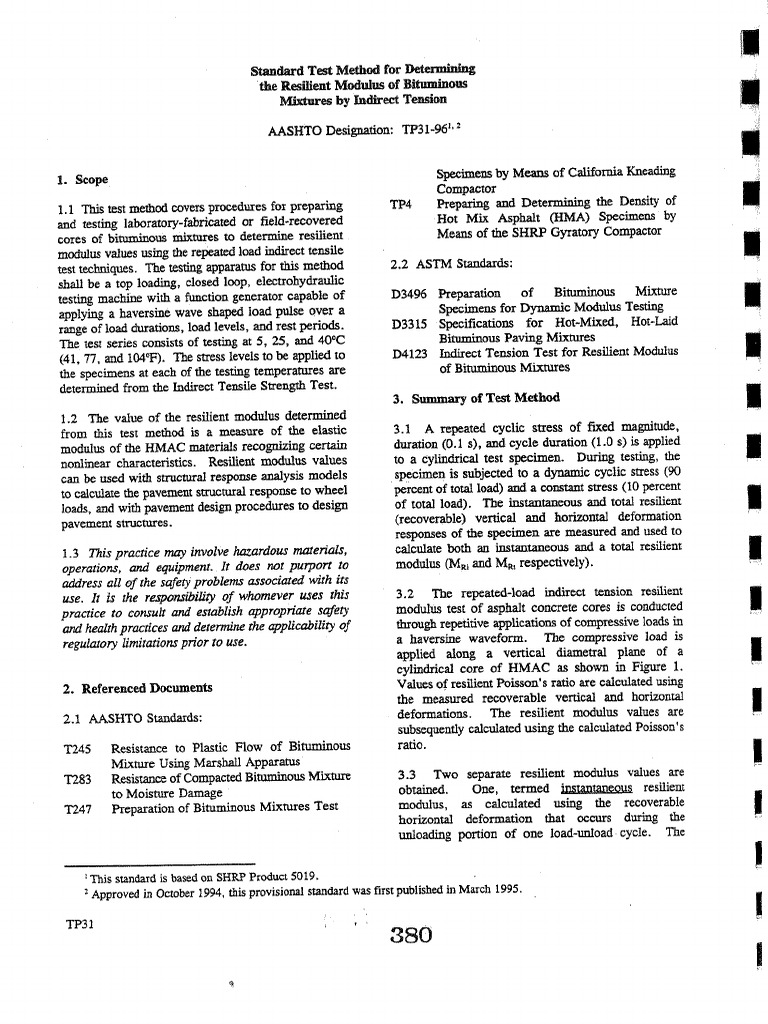 AASHTO TP31 - Resilient Modulus of Bituminous Mixtures by Indirect ...