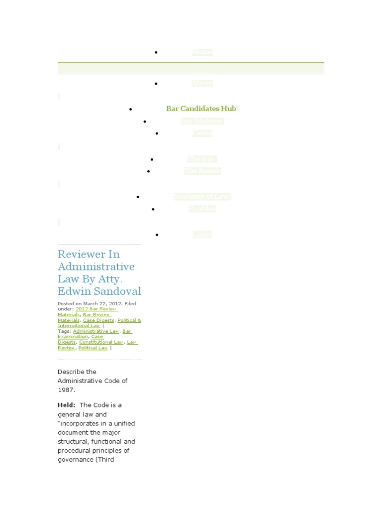 Reviewer in Administrative Law by Atty. Edwin Sandoval: Bar Candidates ...