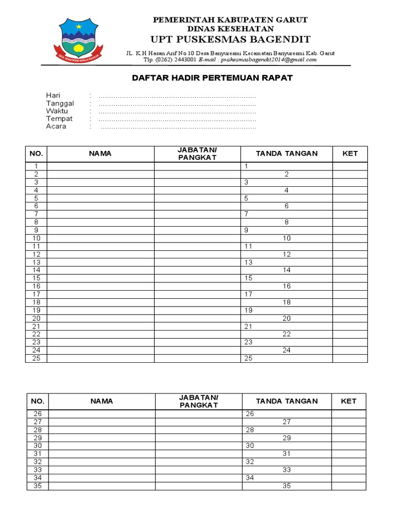 Format Daftar Hadir Pertemuan PKM Bagendit | PDF
