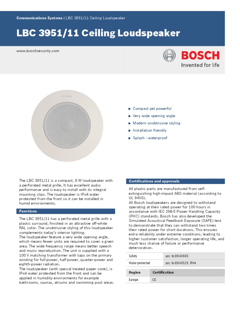 Communications Systems - LBC 3951/11 Ceiling Loudspeaker | PDF ...