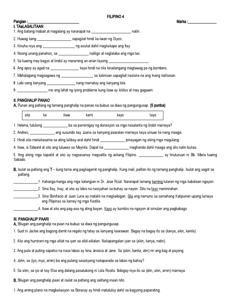 Filipino 4-Worksheet #1 | PDF