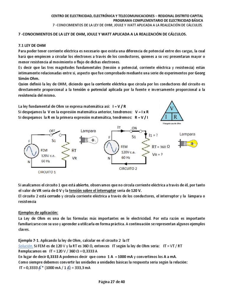 7 - Conocimientos de La Ley de Ohm, Joule y Watt Aplicada A La ...