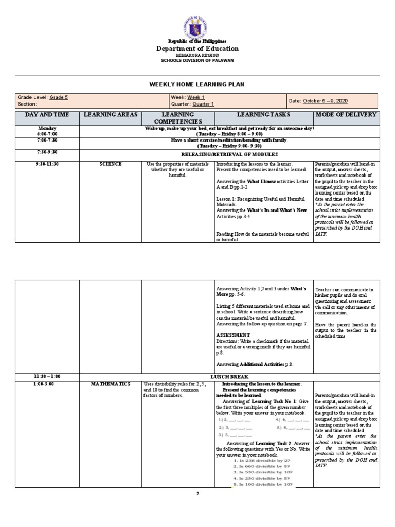 Grade 5 Weekly Learning Plan | PDF | Worksheet | Teachers