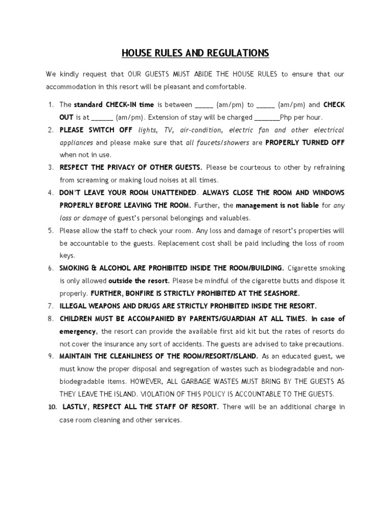 House Rules and Regulations | PDF