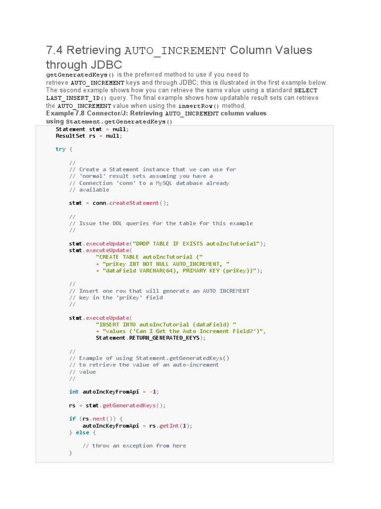 7.4 Retrieving Column Values Through JDBC: Auto - Increment | PDF ...