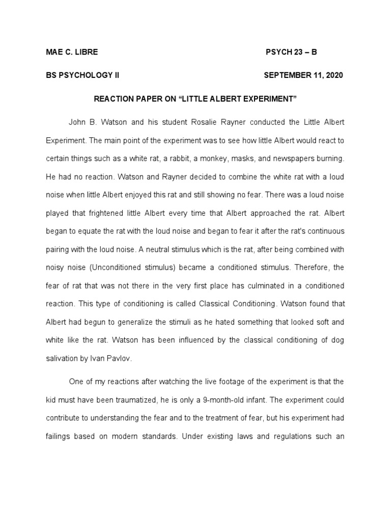 Little Albert Experiment | PDF | Classical Conditioning ...