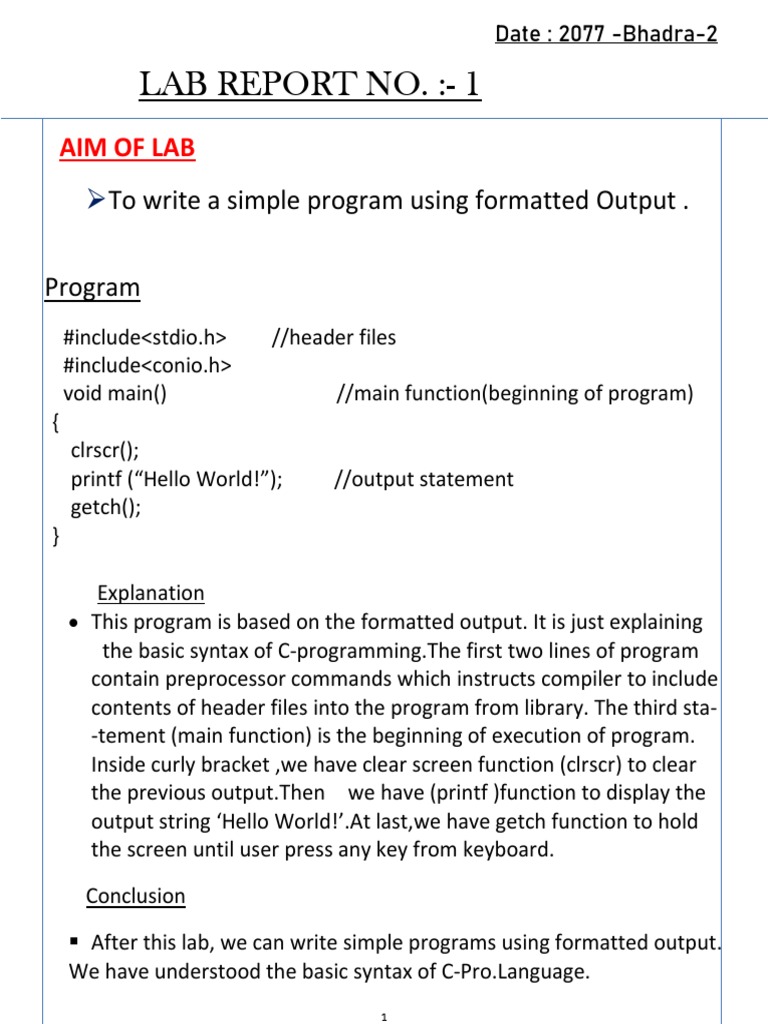 Introduction To Formatted Output In C Programming A Basic Hello World Program Pdf