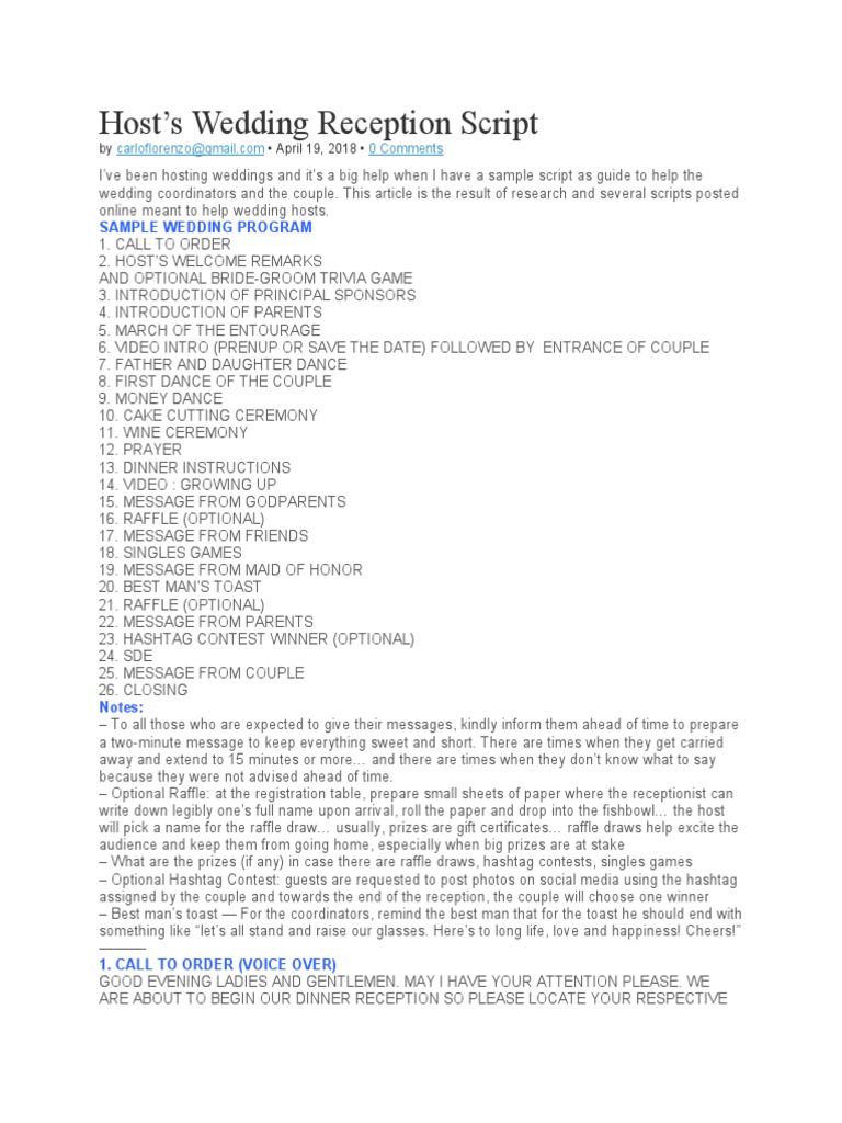 Host's Wedding Reception Script | PDF | Wedding | Social Conventions