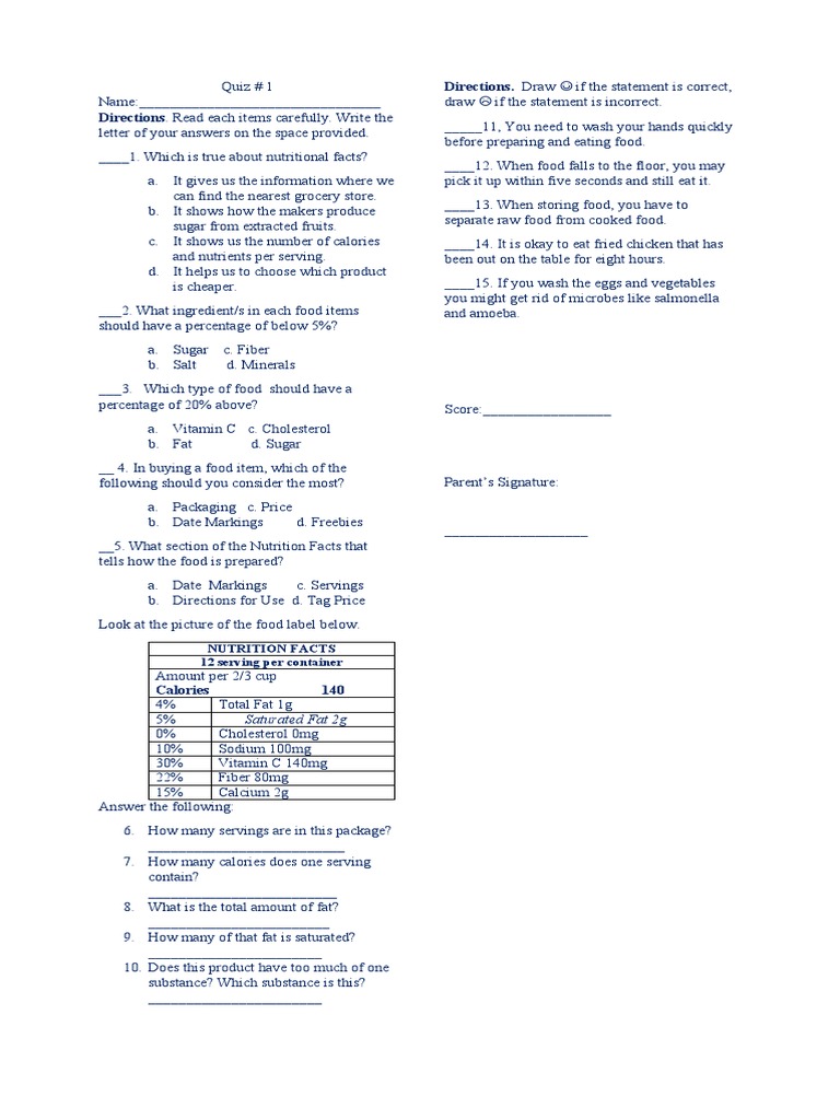 Directions. Draw If The Statement Is Correct,: Nutrition Facts 12 ...