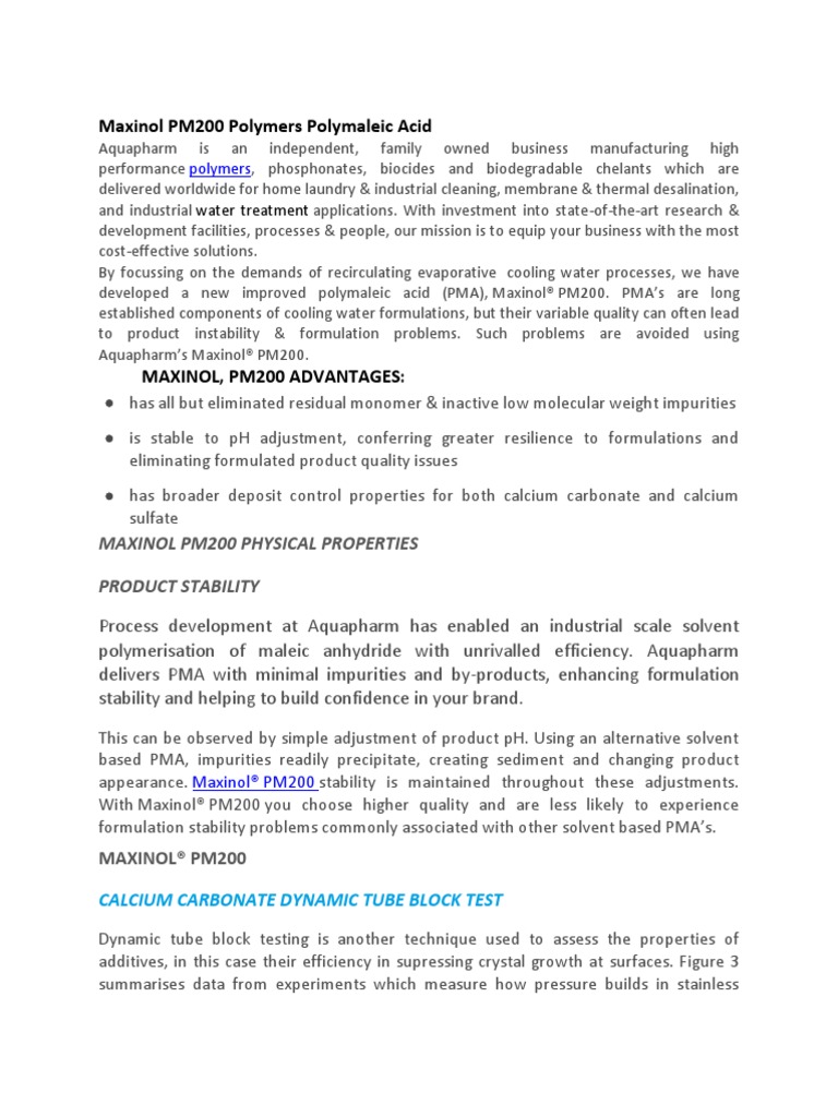 Maxinol PM200 Polymers Polymaleic Acid | PDF | Polymers | Water