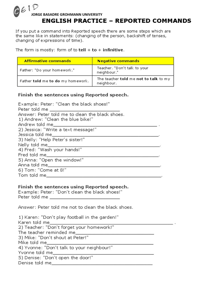 English Practice - Reported Commands: Finish The Sentences Using ...