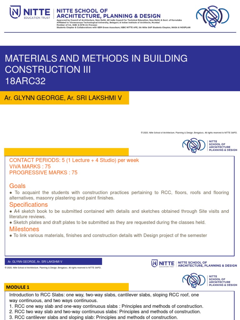 Materials and Methods in Building Construction Iii 18ARC32: Ar. Glynn ...