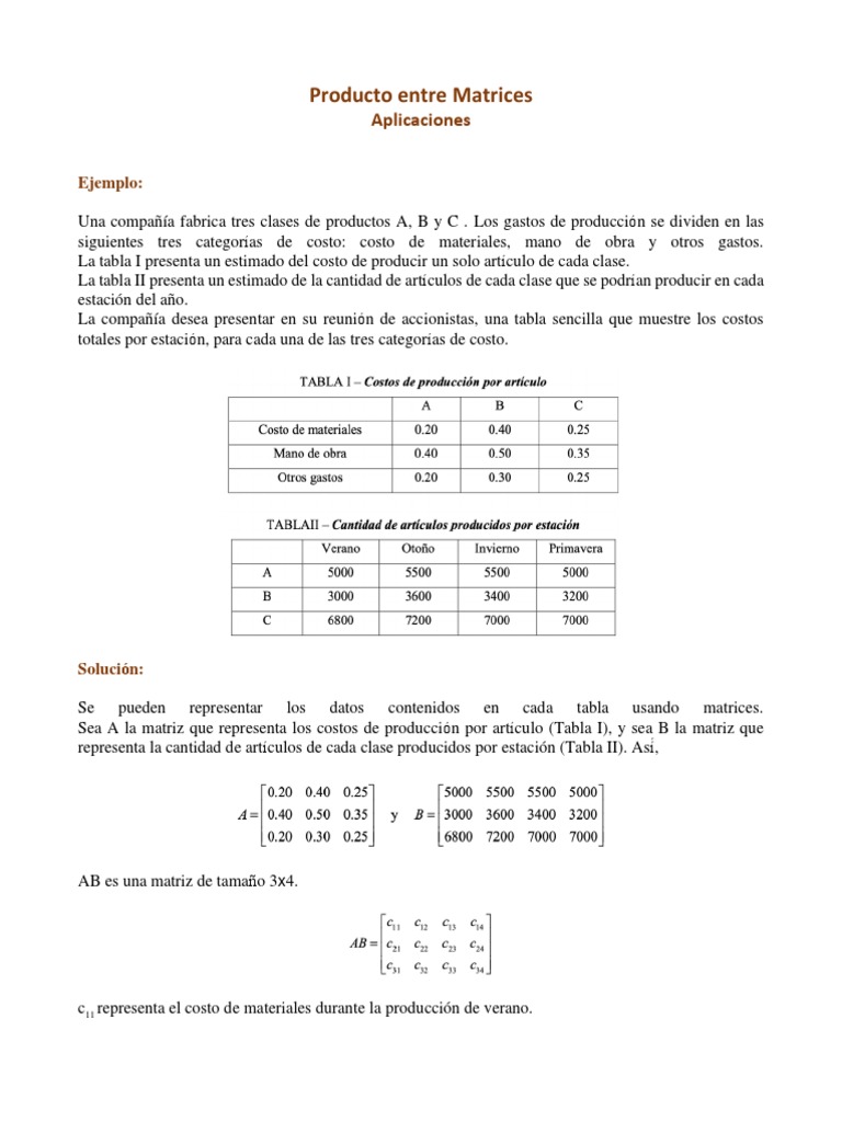 Producto Entre Matrices Aplicaciones | PDF | Matriz (Matemáticas ...
