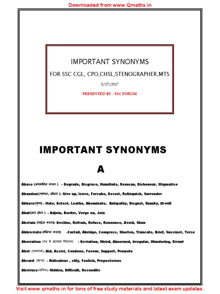 Synonyms for SSC Competitive Exams | PDF