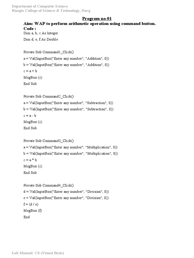 Program No-01 Aim: WAP To Perform Arithmetic Operation Using Command ...