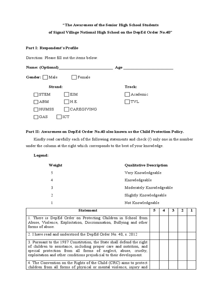 Survey Questionnaire For Deped Child Protection Policy Revised | PDF ...