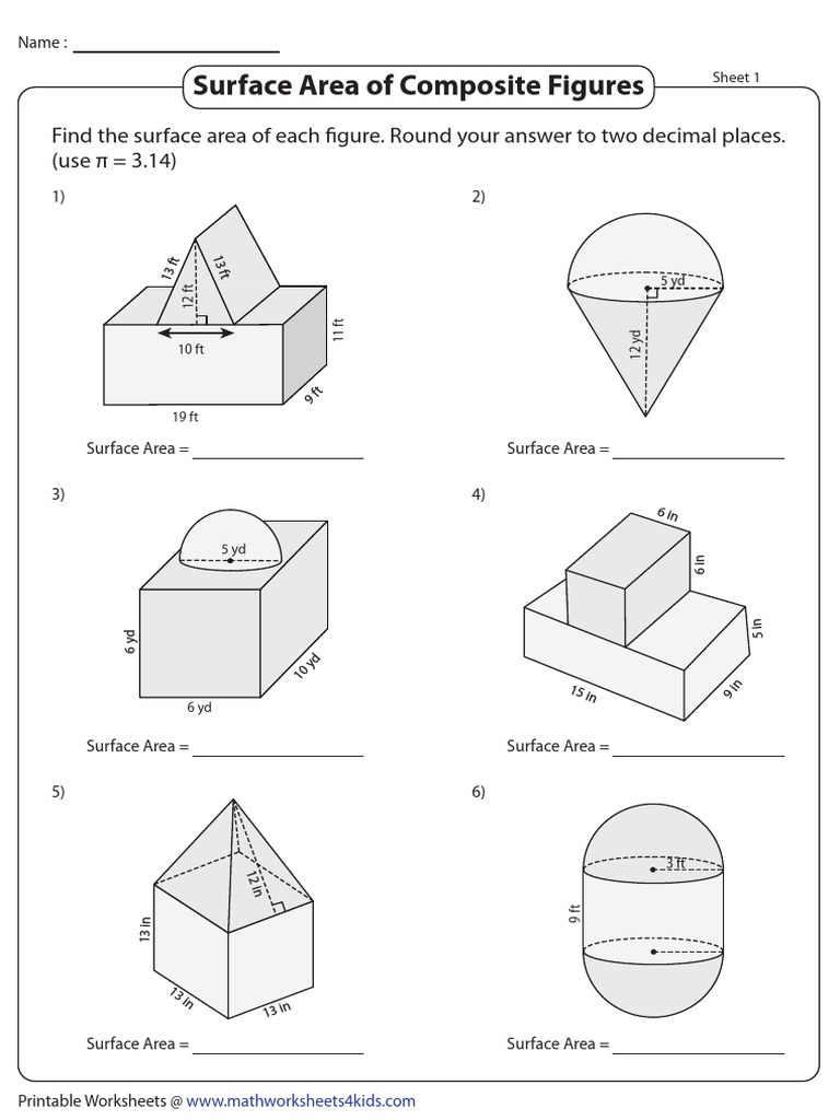 Surface Area of Composite Figures Worksheet | PDF