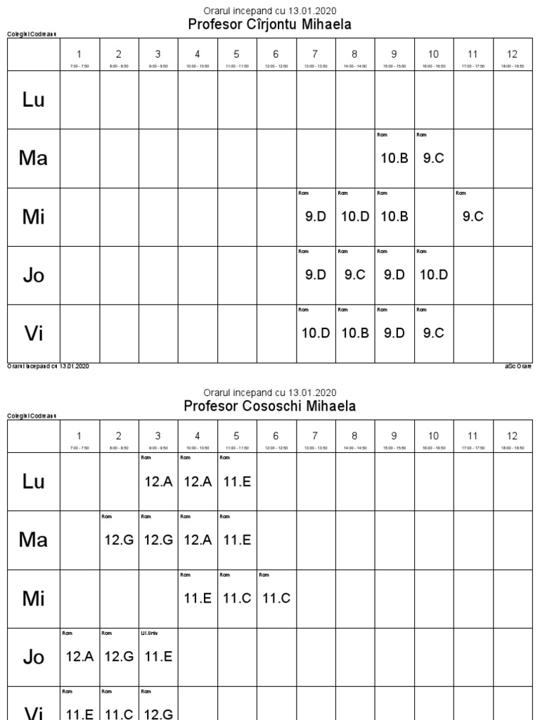 Orar Profesori 13.01.2020 | PDF