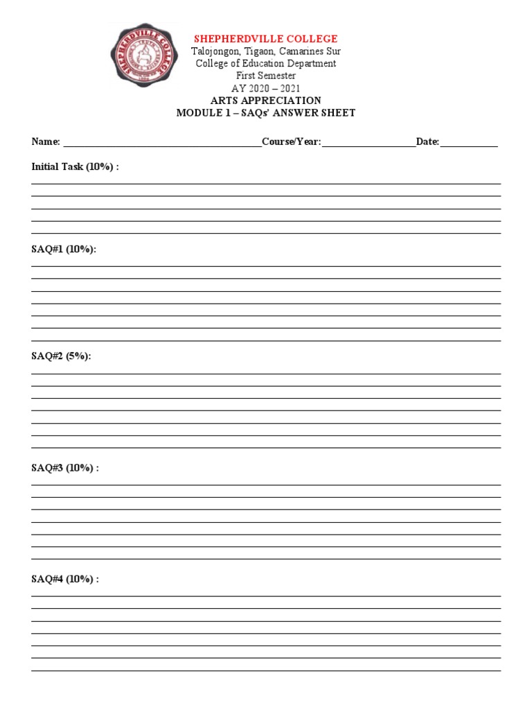 Arts Appreciation Module 1 - Saqs' Answer Sheet Name: - Course/Year ...