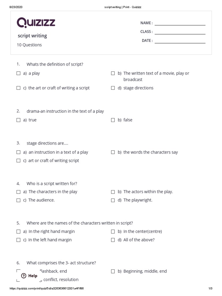 Script Writing Quiz Overview | PDF | Dialogue
