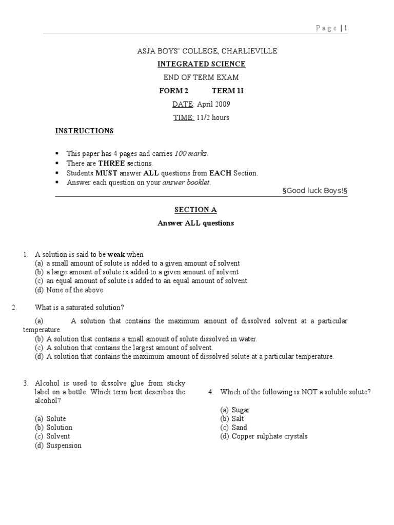 Form 2 Integrated Science Exam Paper | PDF | Solution | Solvent