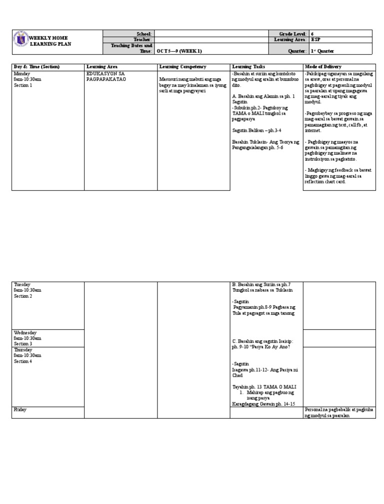 ESP Grade 6 Weekly Home Learning Plan - For Modular 1st Quarter-1st ...
