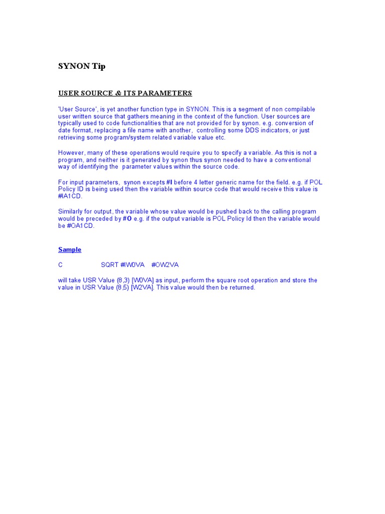 SYNON User Source Parameters Guide | PDF